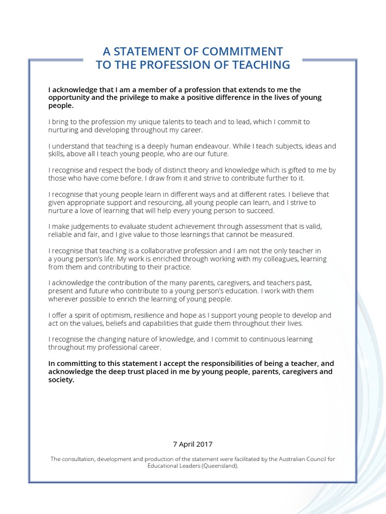 A Statement of Commitment To The Profession of Teaching | PDF ...