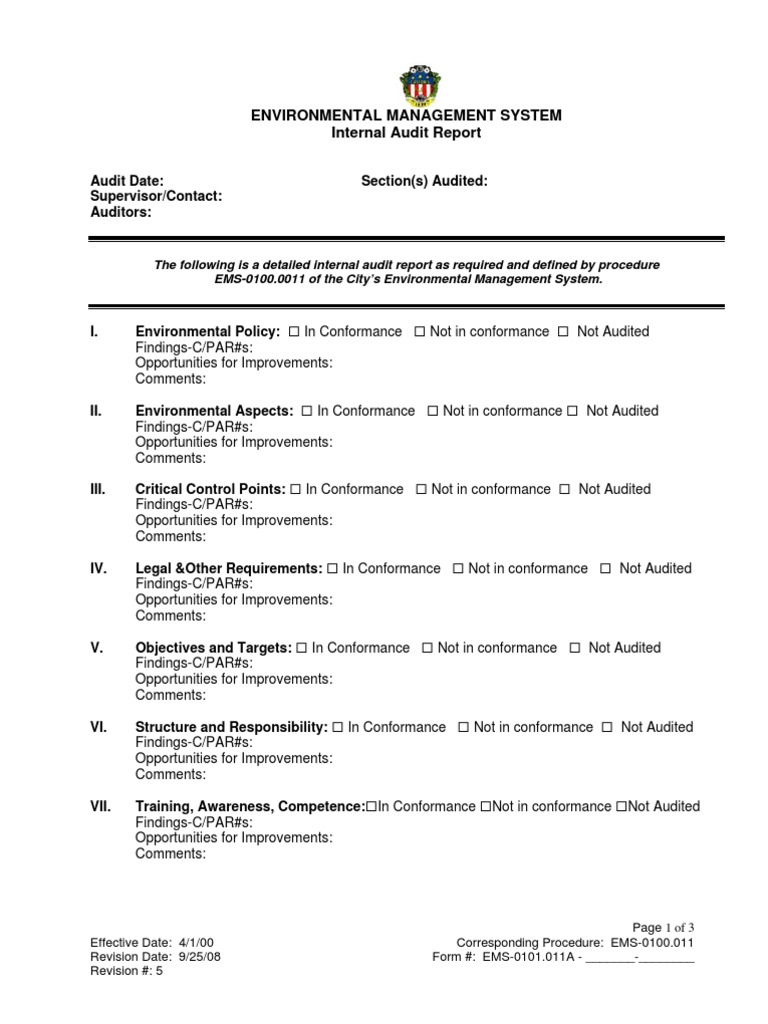 Environmental Management System Internal Audit Report | PDF | Internal ...