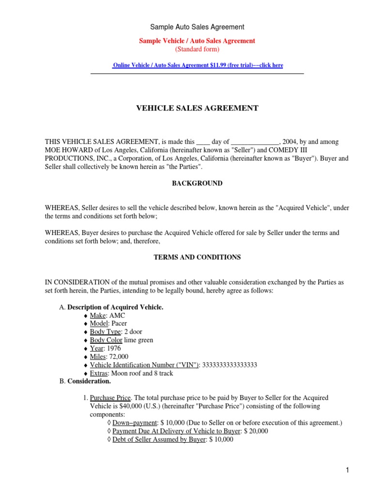 Sample Vehicle / Auto Sales Agreement | PDF | Conveyancing | Sales