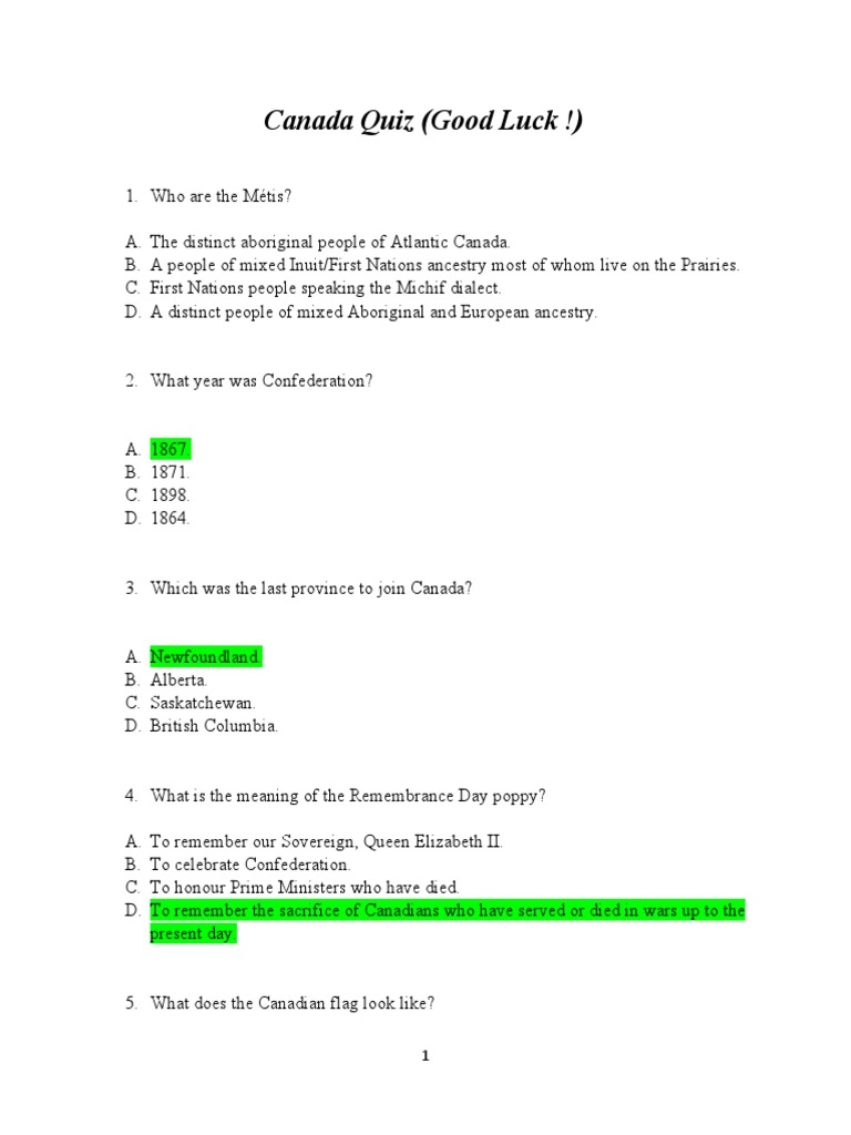 Canada Citizenship Quiz (2) - Level 6-7 | PDF | Provinces And ...
