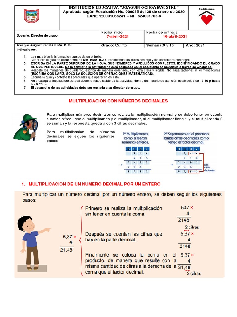 Guia-5 Multiplicacion de Numeros Decimales | PDF | Multiplicación ...