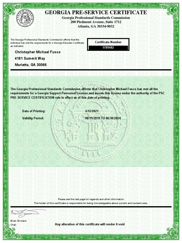 Preservice Certificate Gapsc | PDF