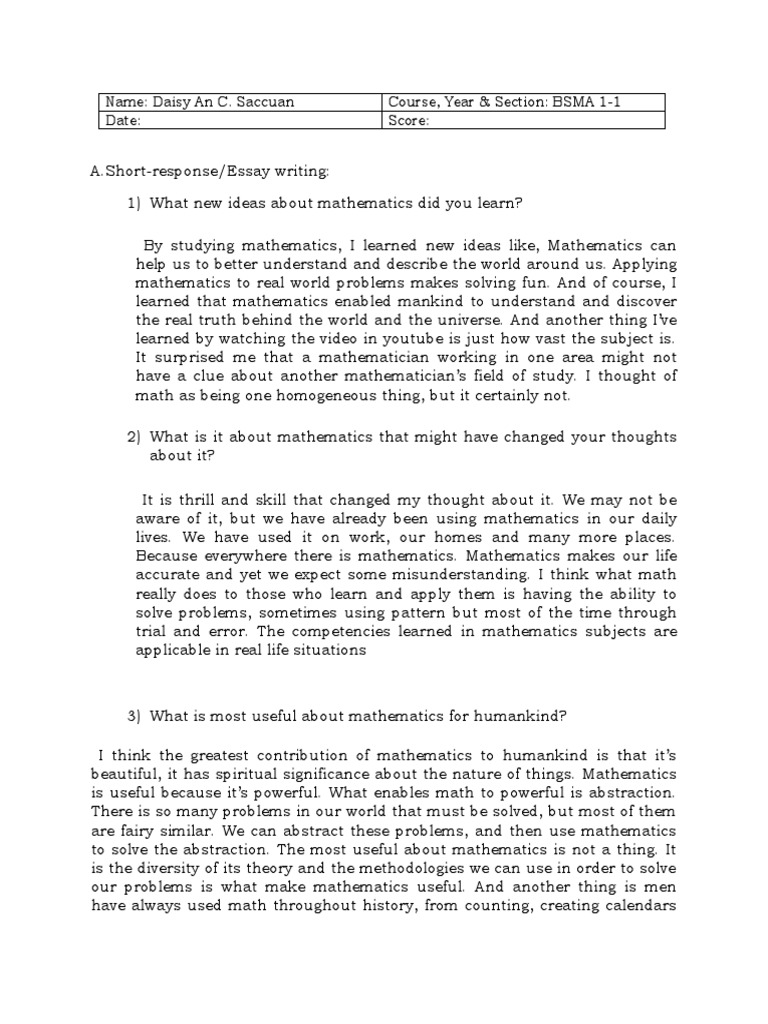 Math Activity Essay | PDF | Human | Teaching Mathematics