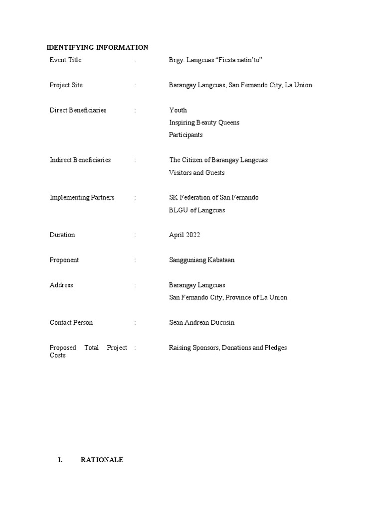 Fiesta Barangay Proposal | PDF | Swimsuit | Clothing