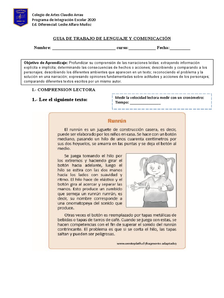 GUIA DE TRABAJO DE LENGUAJE Y COMUNICACIÓN 4 Basico | PDF ...