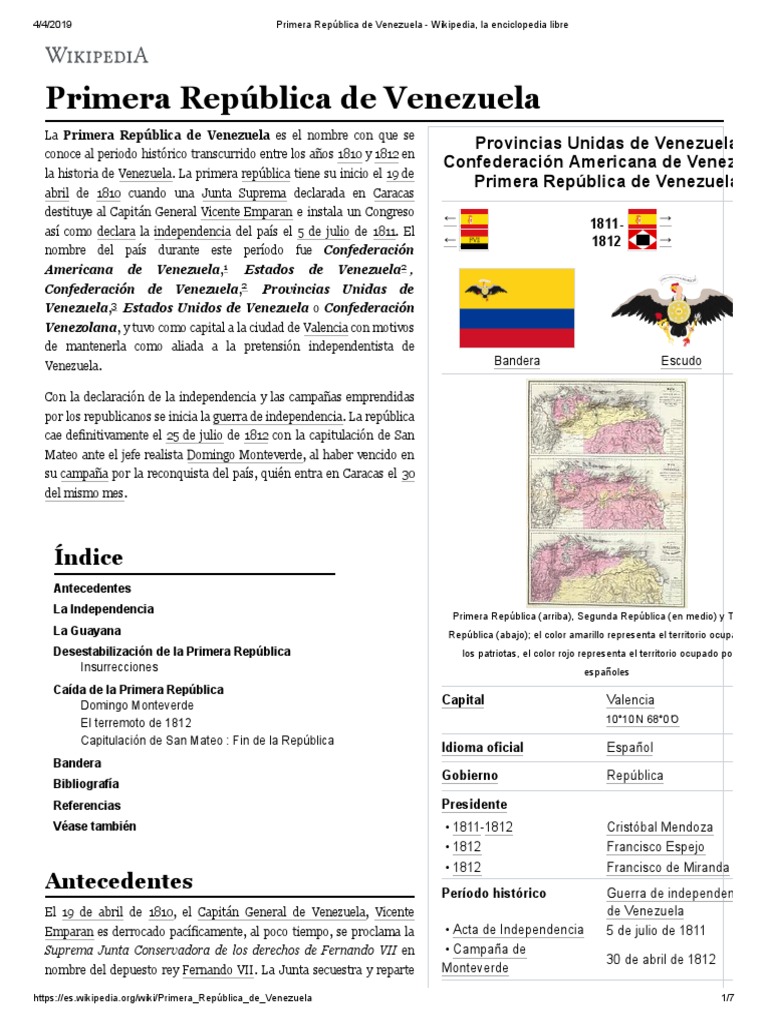 Primera República de Venezuela - Wikipedia, La Enciclopedia Libre | PDF ...