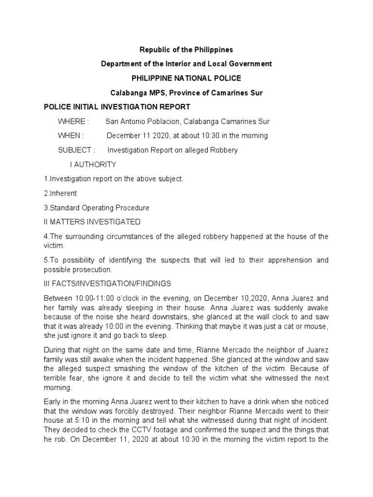 Investigation Report On Robbery | PDF