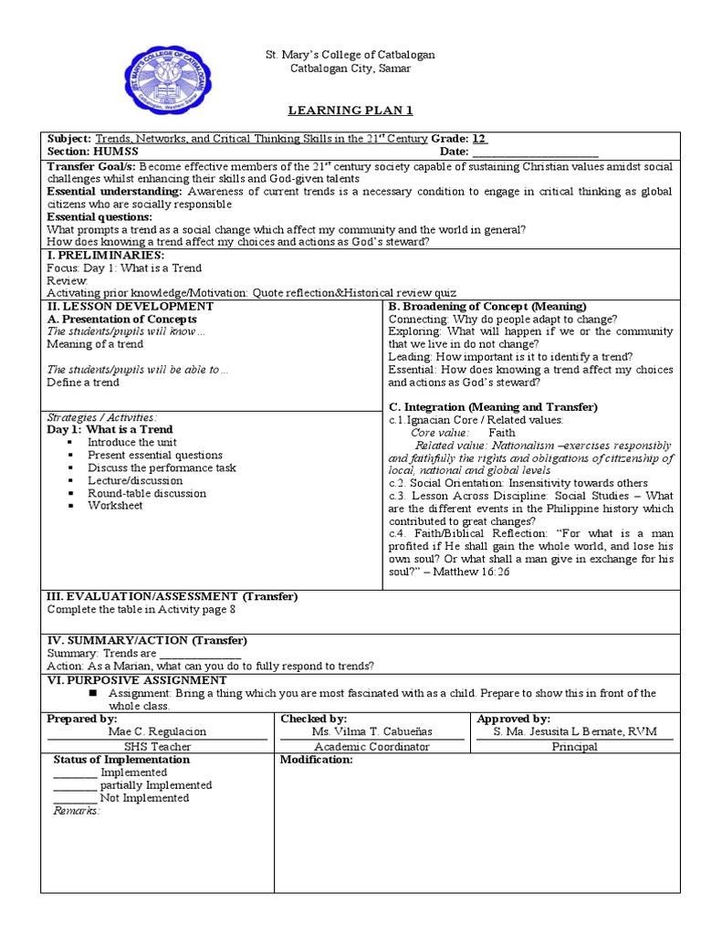 Unit Plan 1 Learning Plans | PDF | Critical Thinking | Community