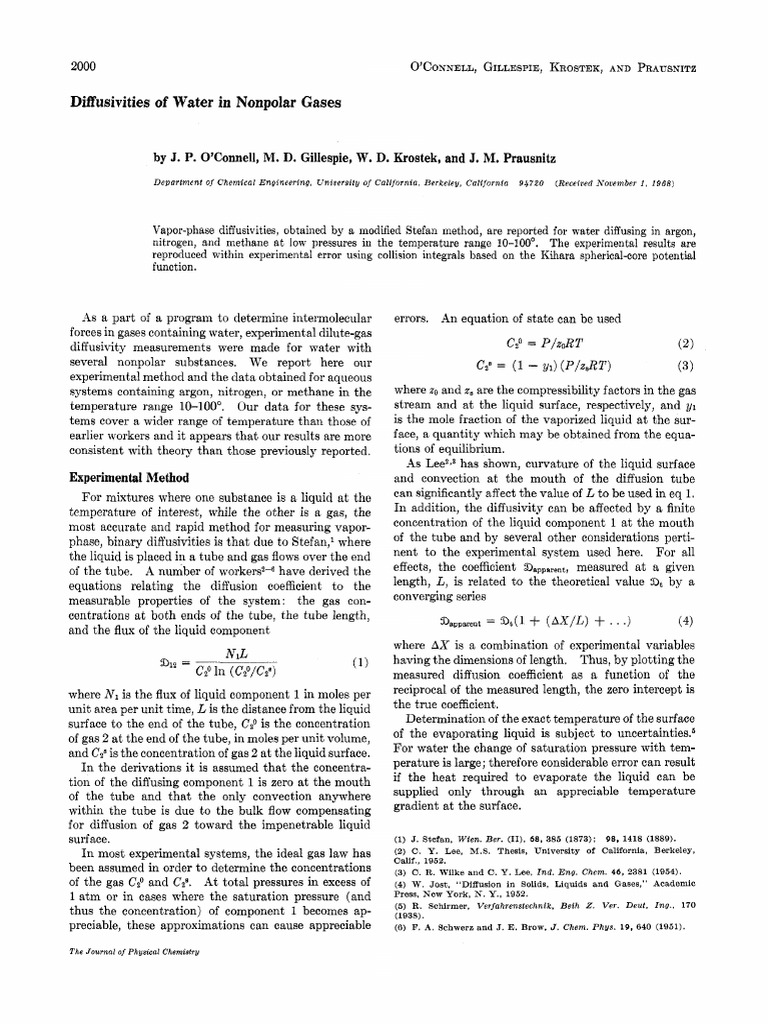 Diffusivities Water in Nonpolar Gases: O'Connell, M. D. Gillespie, W. D ...