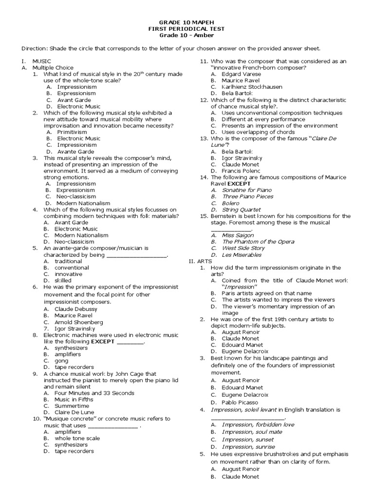 Grade 10 Mapeh First Periodical Test Grade 10 - Amber | PDF ...