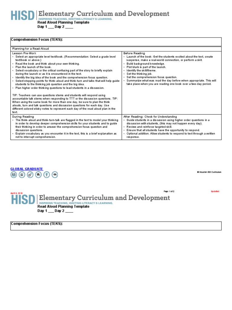 Read Aloud Planning Template Day 1 - Day 2 | Download Free PDF ...