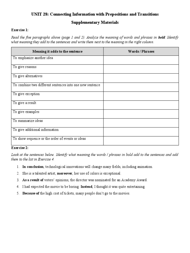 Prepositions and Transitions in Writing | PDF | Phrase | Preposition ...