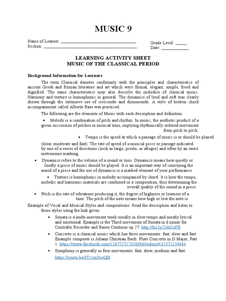 Music 9: Learning Activity Sheet Music of The Classical Period ...