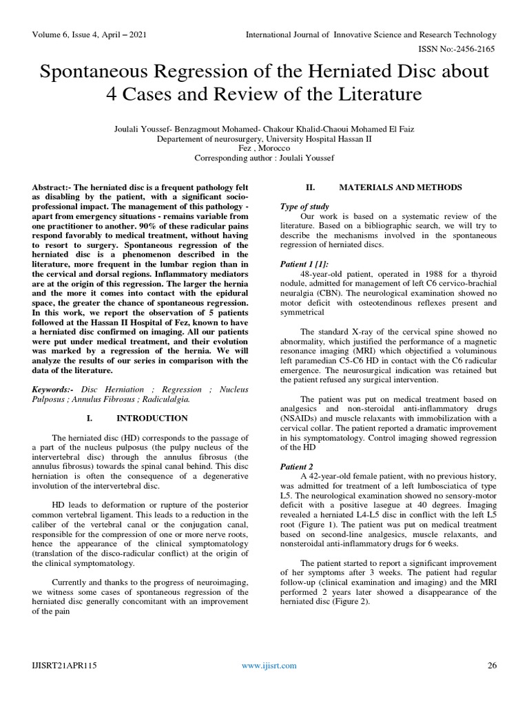 Spontaneous Regression of The Herniated Disc About 4 Cases and Review ...