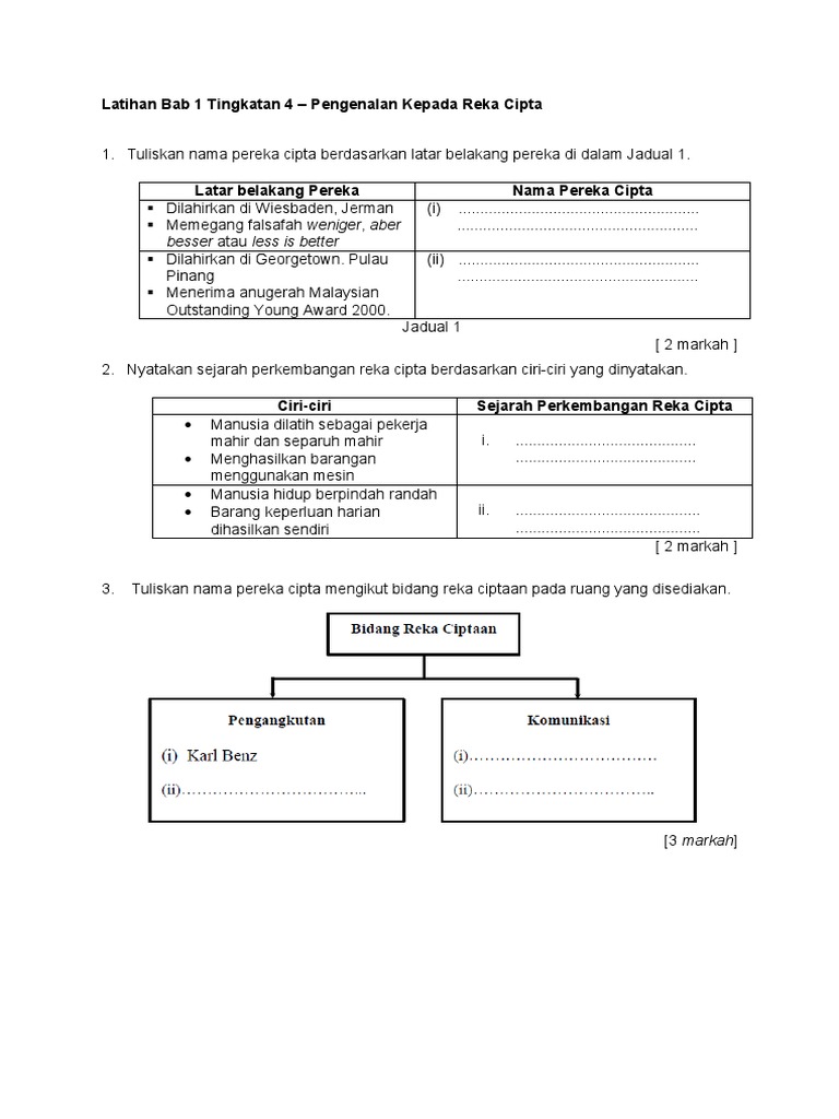 Latihan Bab 1 Tingkatan 4 - Pengenalan Kepada Reka Cipta | PDF