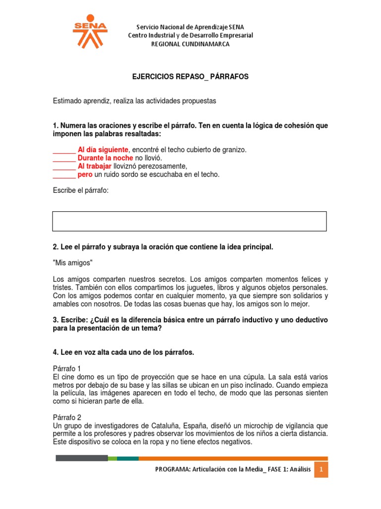 Taller - EJERCICIOS DE PÁRRAFOS | PDF | Science | Ciencia y Tecnología