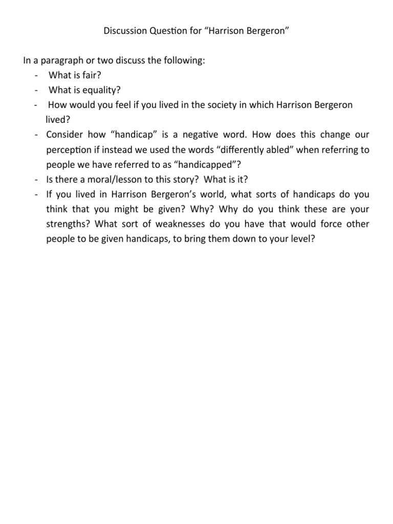 Discussion Questions for Harrison Bergeron | PDF | Social Science