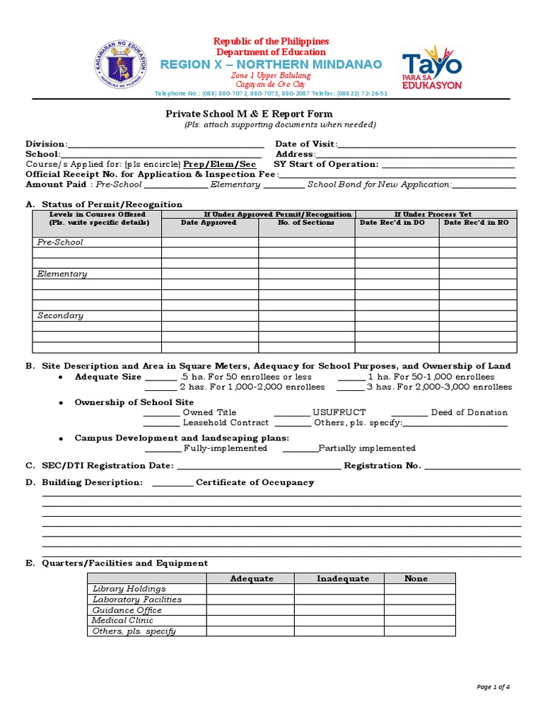 Private School M & E Report Form - NEW | PDF | Further Education