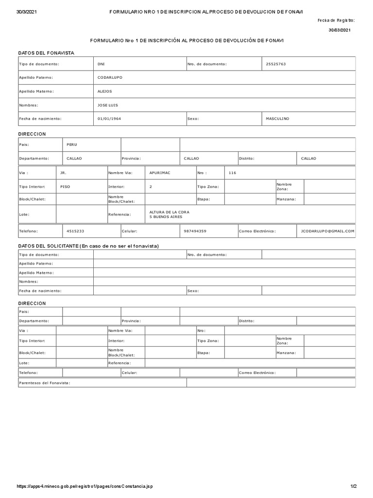 Formulario Nro 1 de Inscripcion Al Proceso de Devolucion de Fonavi | PDF