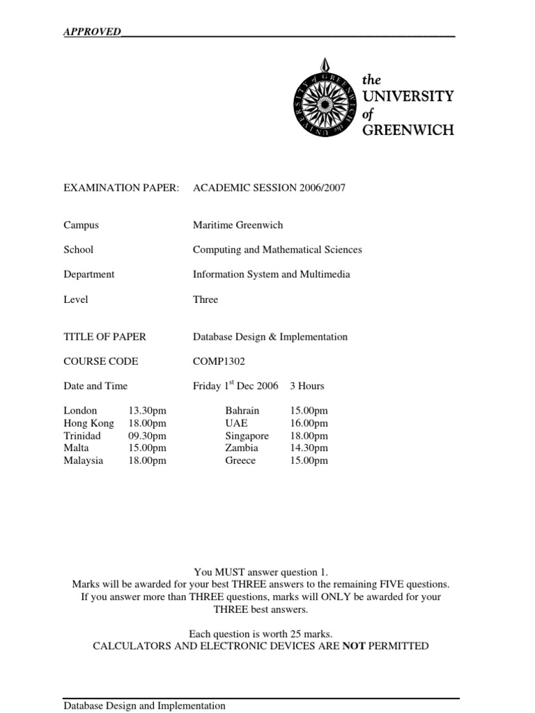 Database Design And Implementation Exam December 2006 Uk University
