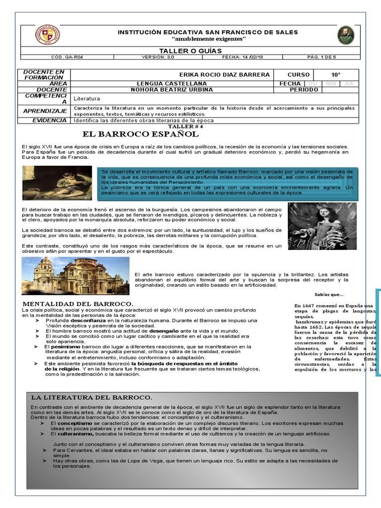 Taller # 4. El Barroco Español Décimo | PDF | Barroco | Poesía