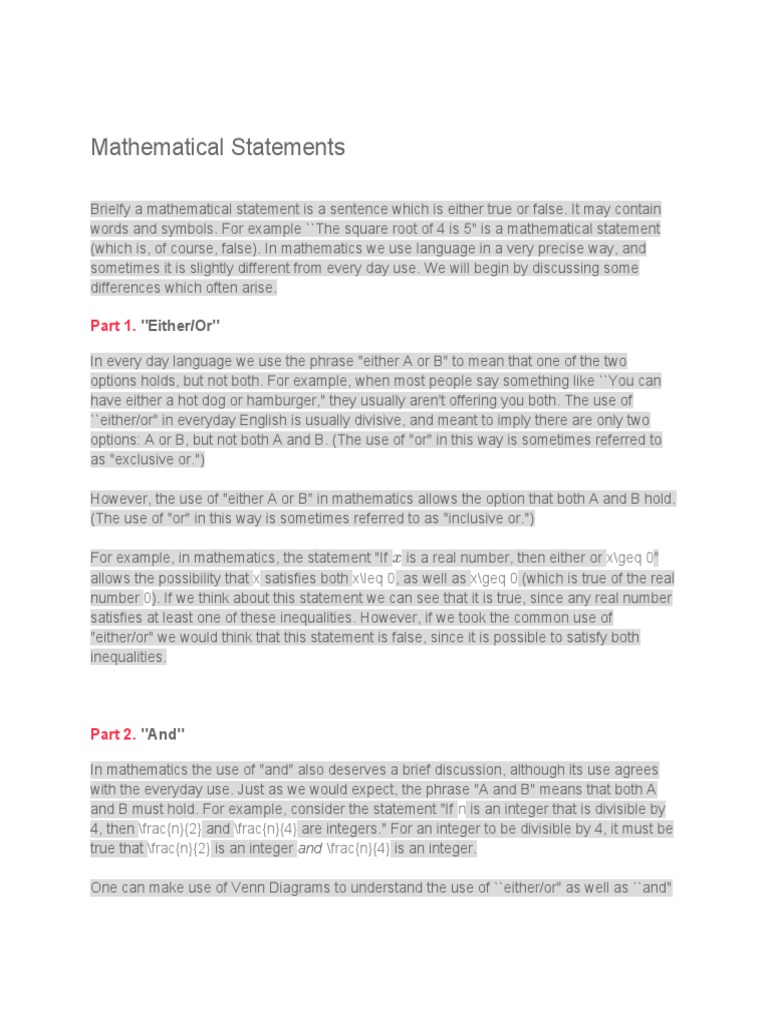 Mathematical Statements: "Either/Or" | PDF | Language Arts & Discipline ...