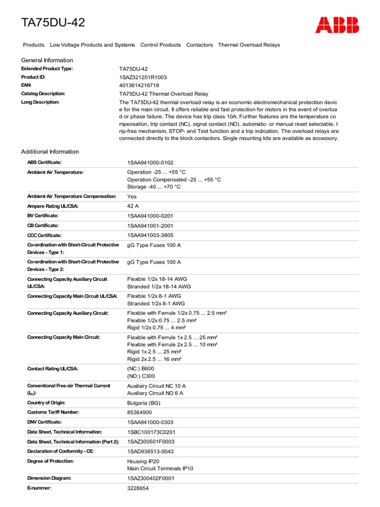 1SAZ321201R1003 Ta75du 42 Thermal Overload Relay | PDF | Relay | Fuse ...