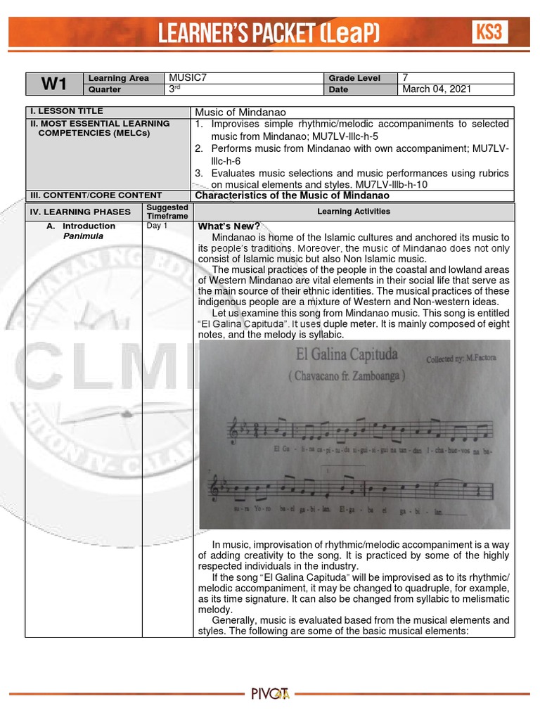 LeaP-Music 7-Q3-Week 1 | PDF | Songs | Music Theory