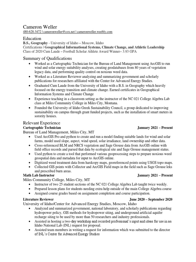 CV Cameron Weller | PDF | Geographic Information System | Arc Gis