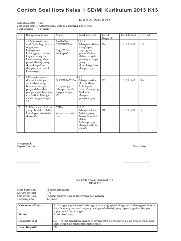 Contoh Soal HOTS Kelas 1 SD K13 | PDF