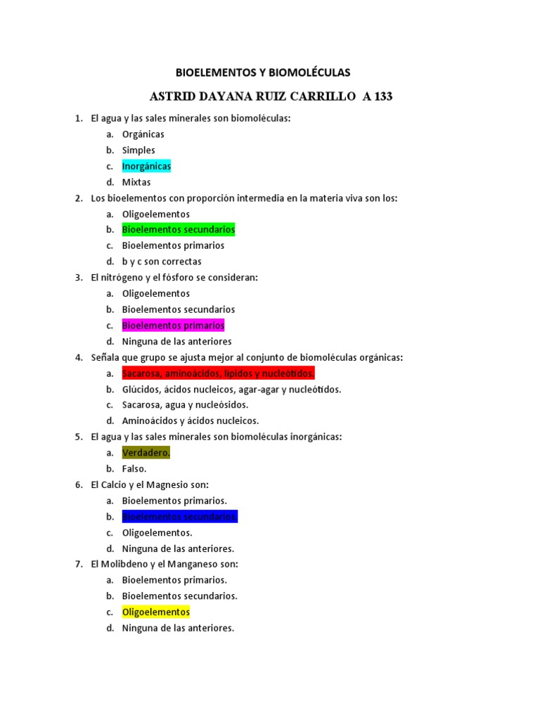 Quiz - Bioelementos y Biomoléculas | PDF