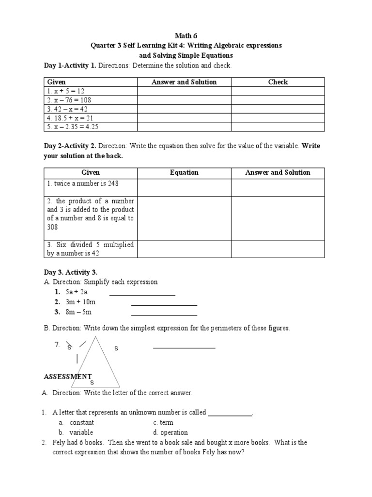 Ans Sheet q3 Mod4 g6 | Download Free PDF | Equations | Mathematical ...