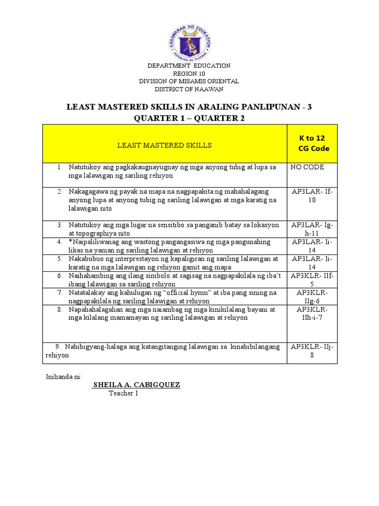 Least Mastered Skills Araling Panlipunan 3 Q1 Q2 | PDF