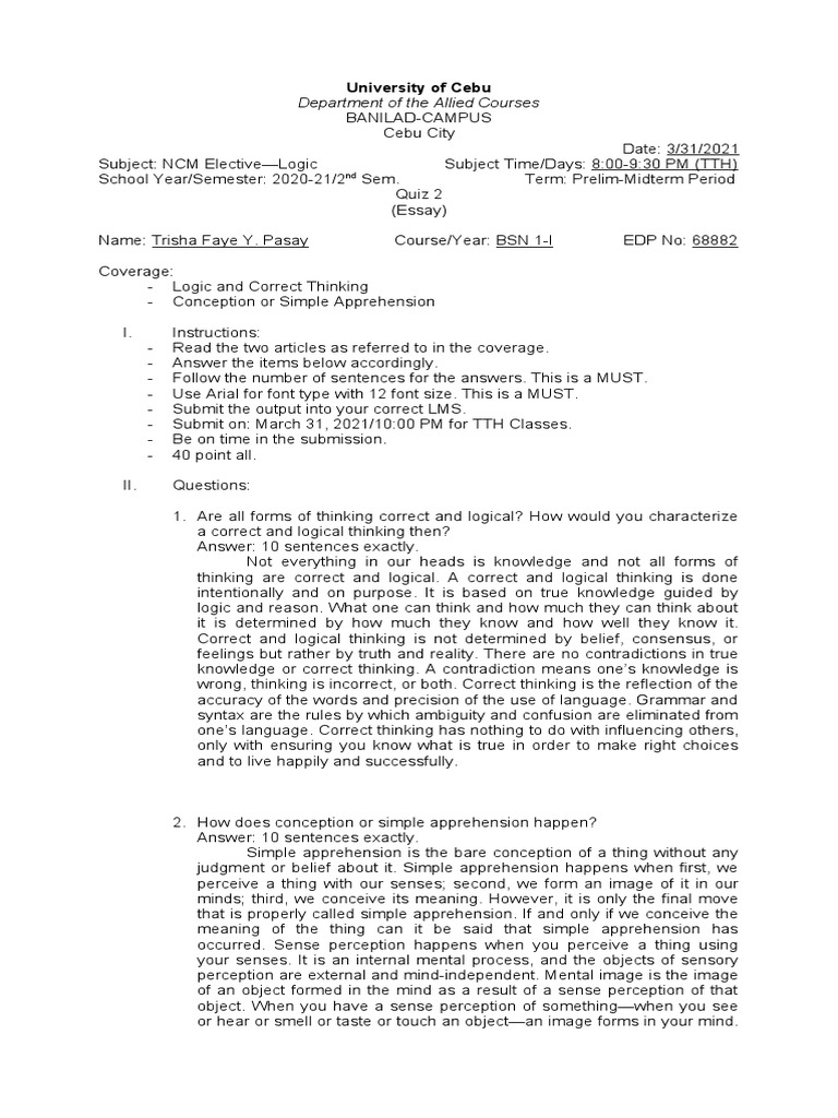 Quiz 2 - Essay - On Logic and Correct Thinking - Conception or Simple Apprehension | PDF ...