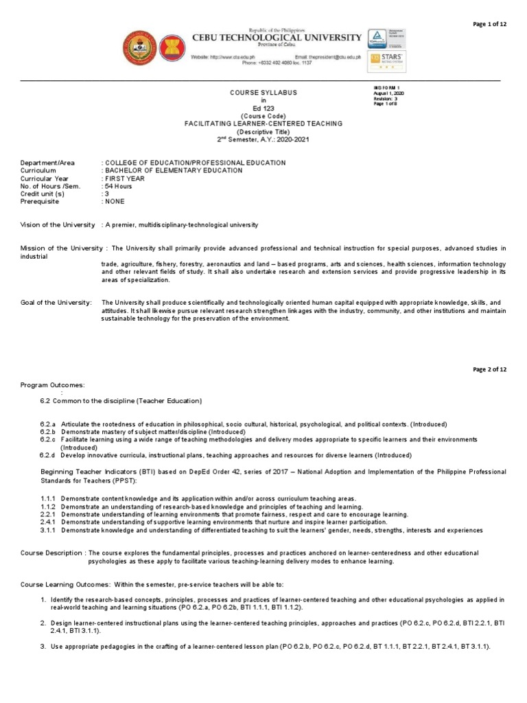 Course Syllabus in Ed 123 Facilitating Learner-Centered Teaching | PDF | Curriculum | Learning