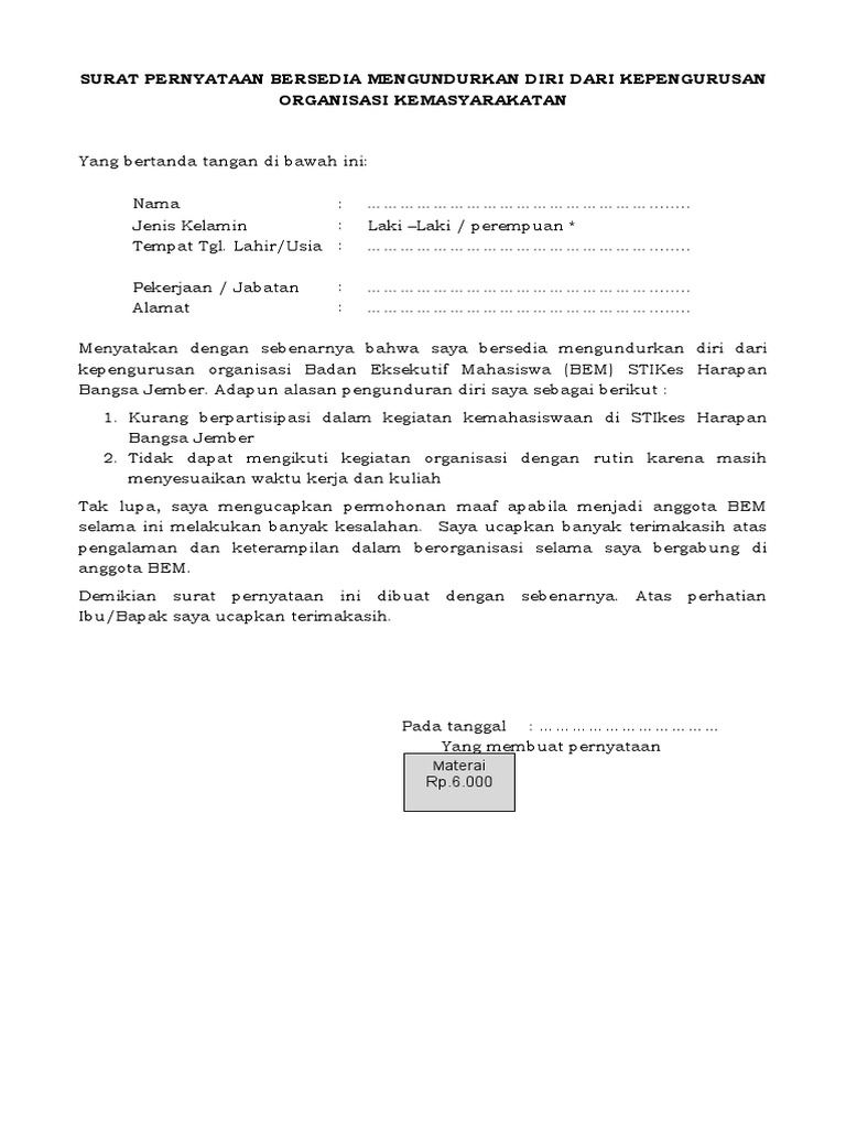 8 Surat Pernyataan Pengunduran Diri Ormas | PDF