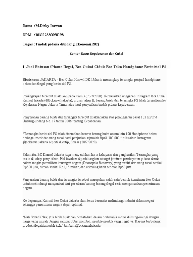 Dizky Irawan-TPE (R02) Kasus Kepabeanan Dan Cukai | PDF | Ilmu Sosial