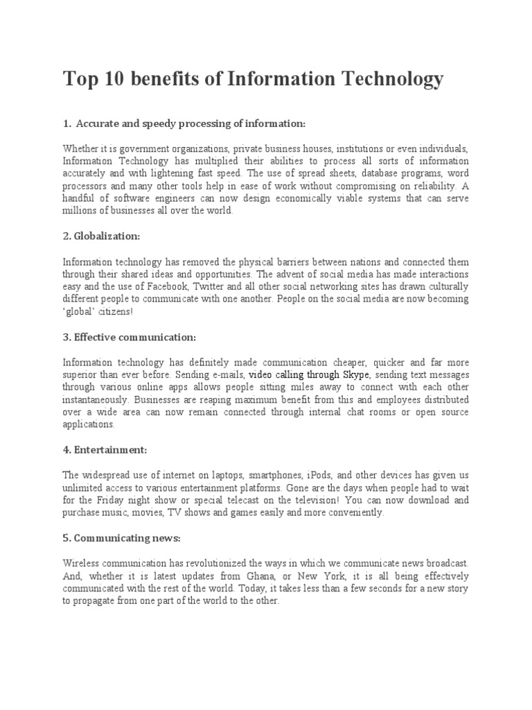 Top 10 Benefits of Information Technology | PDF | Internet | Health Care