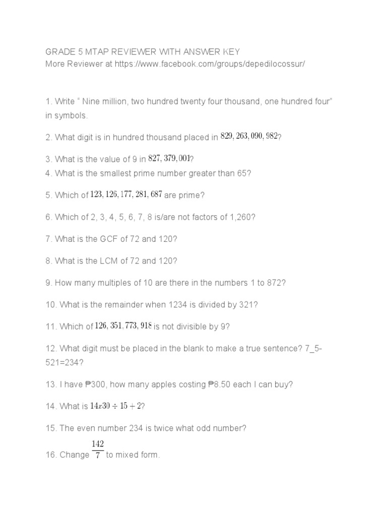 Grade 5 Mtap Reviewer With Answer Key | PDF
