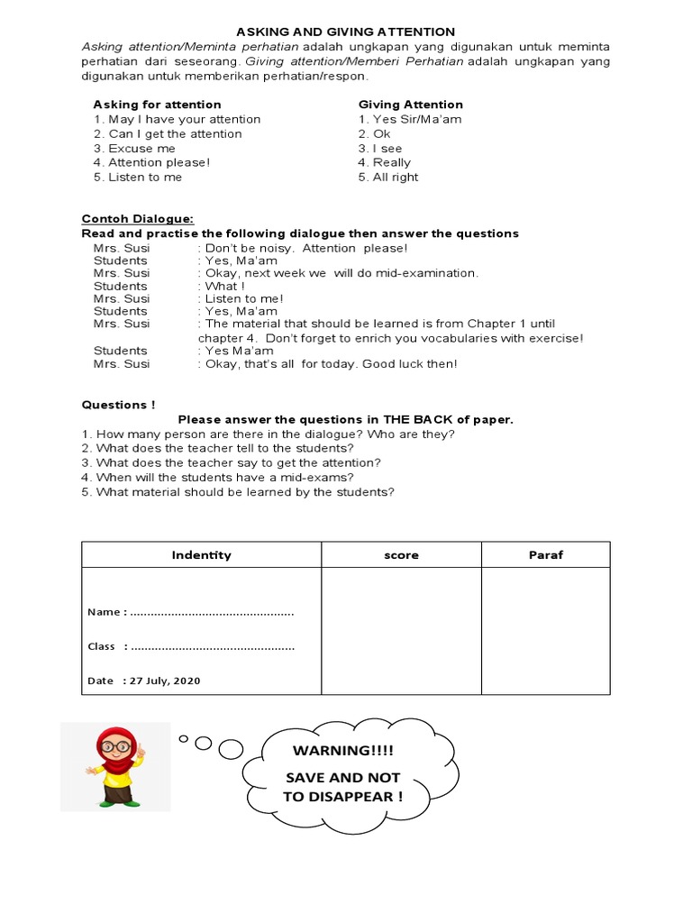 Asking and Giving Attention: Phrases and Classroom Dialogue | PDF