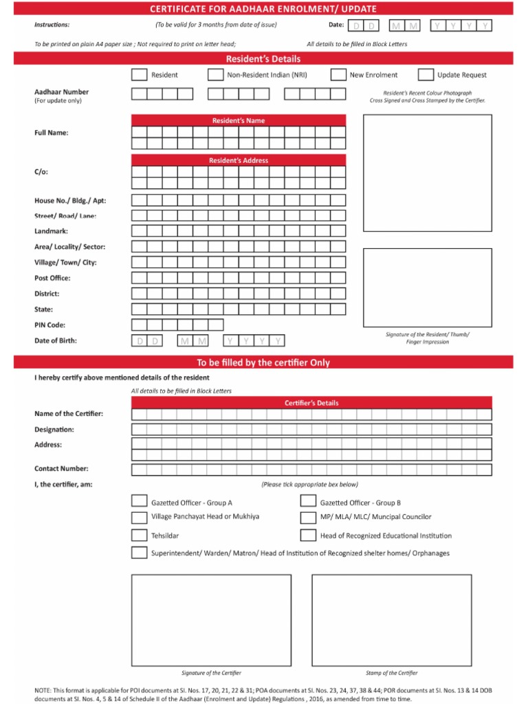 Aadhar Correction Form Pdf