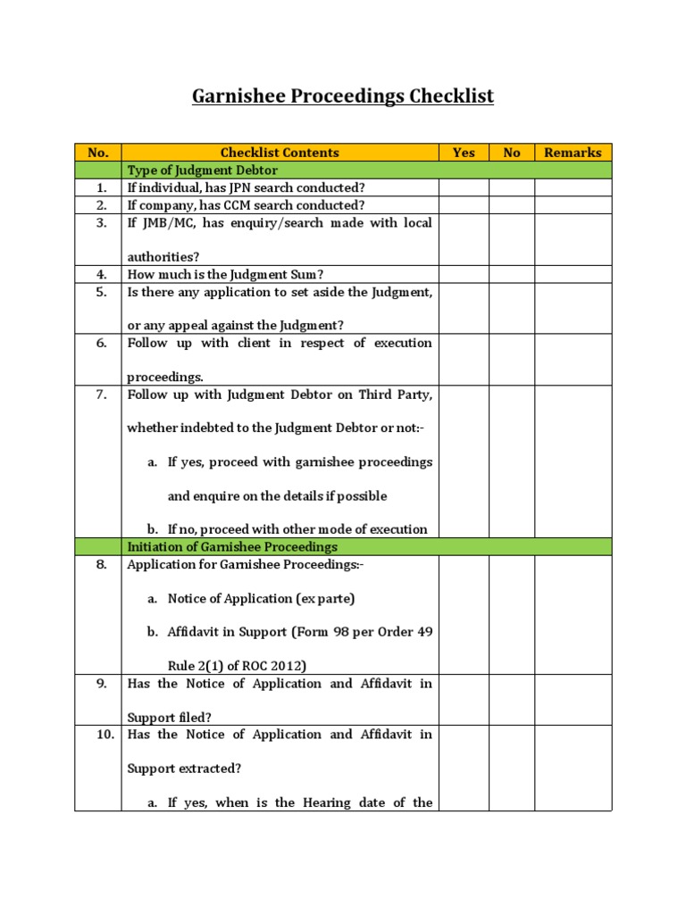 Garnishee Proceedings Checklist | PDF | Garnishment | Judgment (Law)