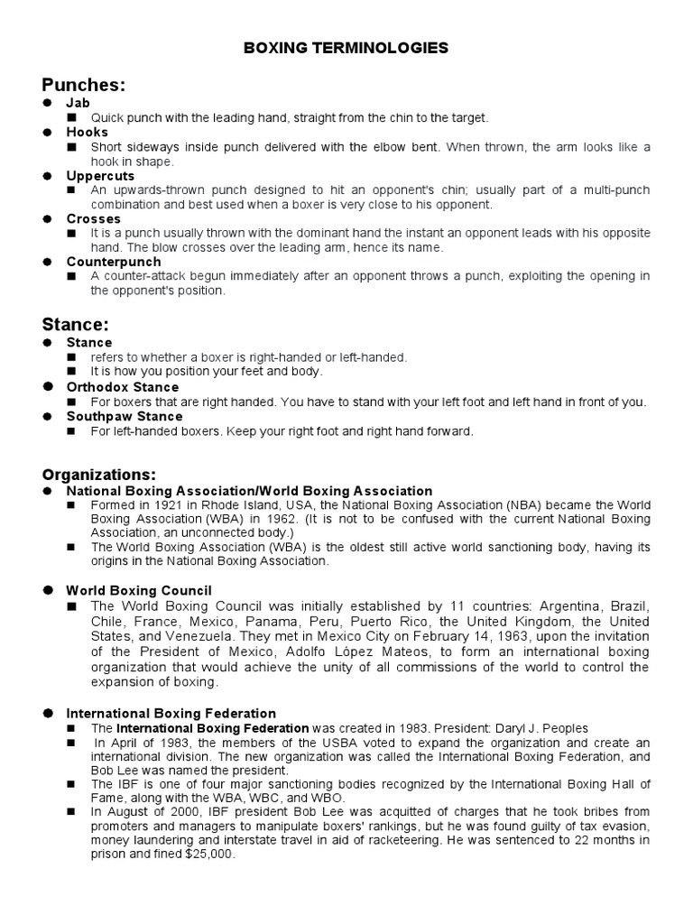 Punches:: Boxing Terminologies | PDF | Combat Sports | Sports