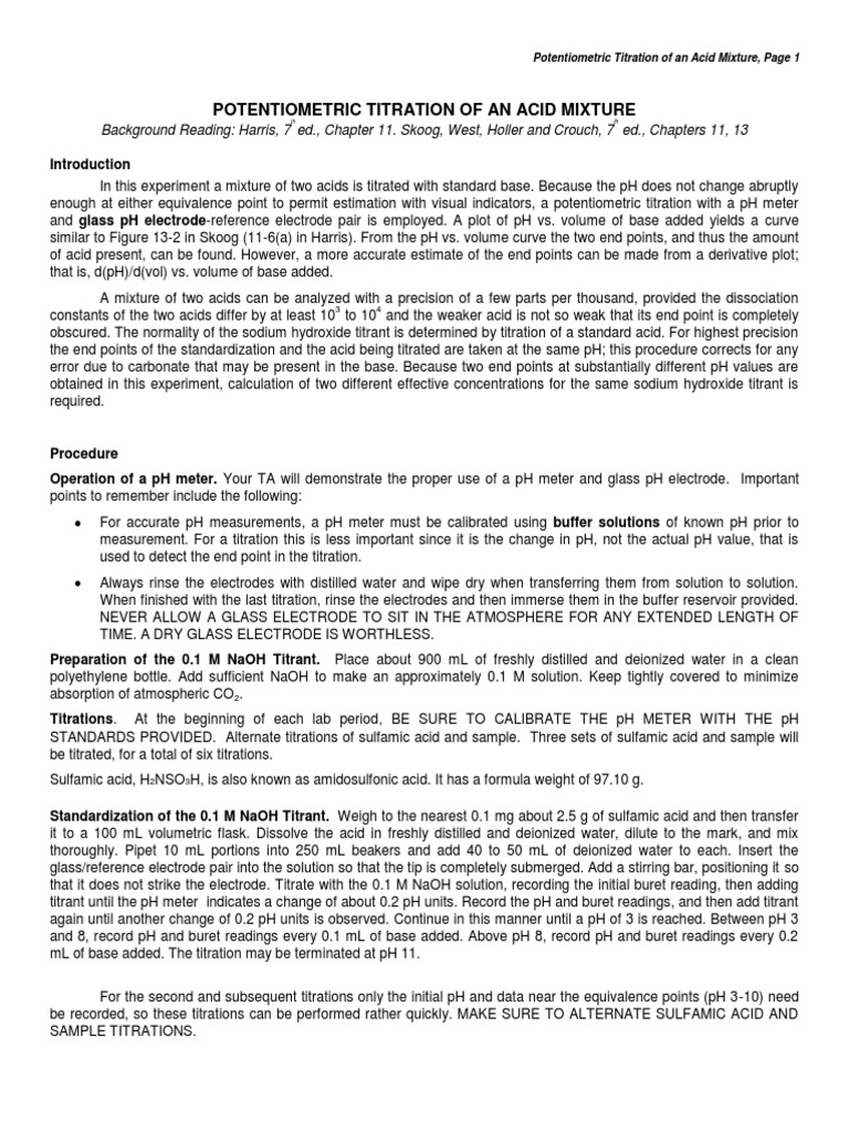 Potentiometric Titration of Acid Mixtures | PDF | Titration | Chemistry