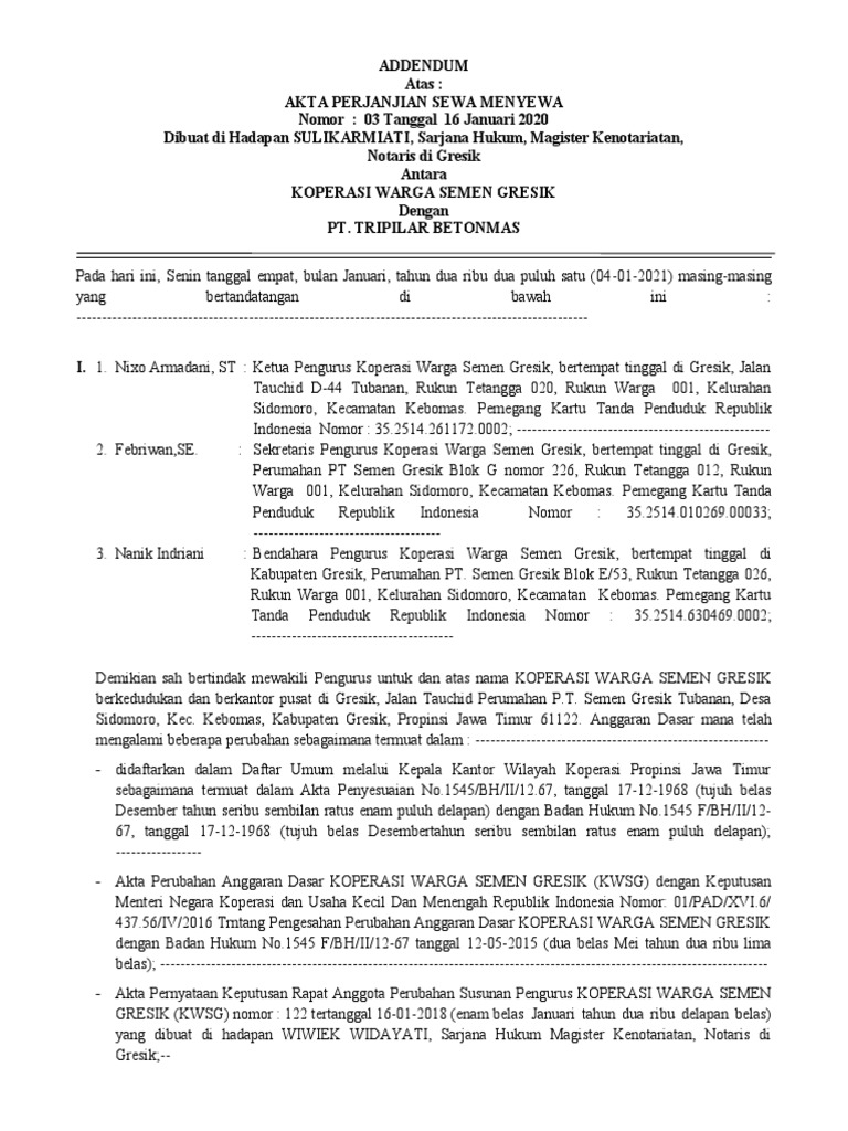 Addendum Perjanjian Sewa Menyewa | PDF