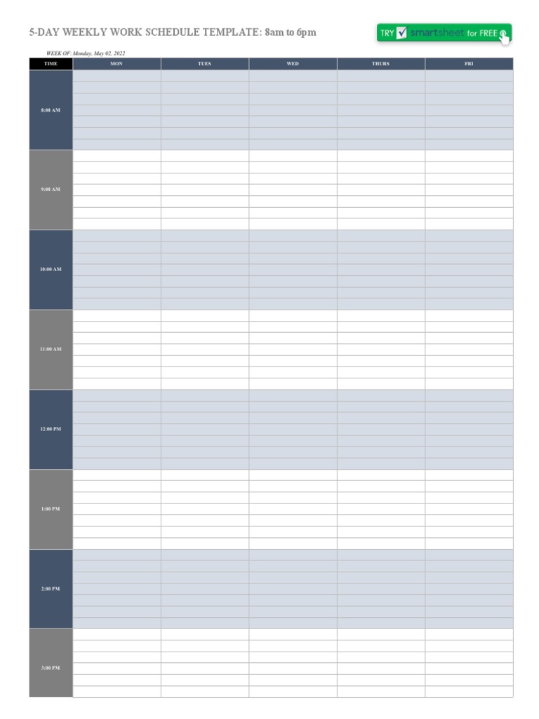 5-Day Weekly Work Schedule Template: 8am To 6Pm: WEEK OF: Monday, May ...