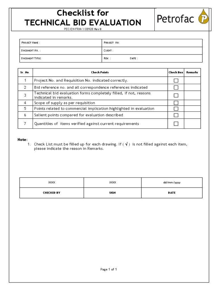 Check List-Technical Bid Evaluation | PDF