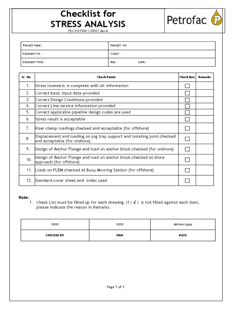 Checklist For Stress Analysis: PEC-EN-FRM-Y-08927 | PDF