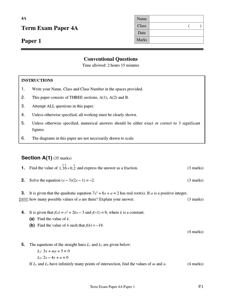 Term Exam Paper 4A Paper 1: Conventional Questions | PDF | Cartesian ...