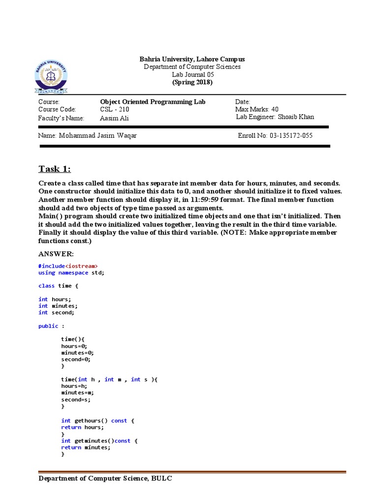 Lab 5 Oop Pdf Subroutine Constructor Object Oriented Programming